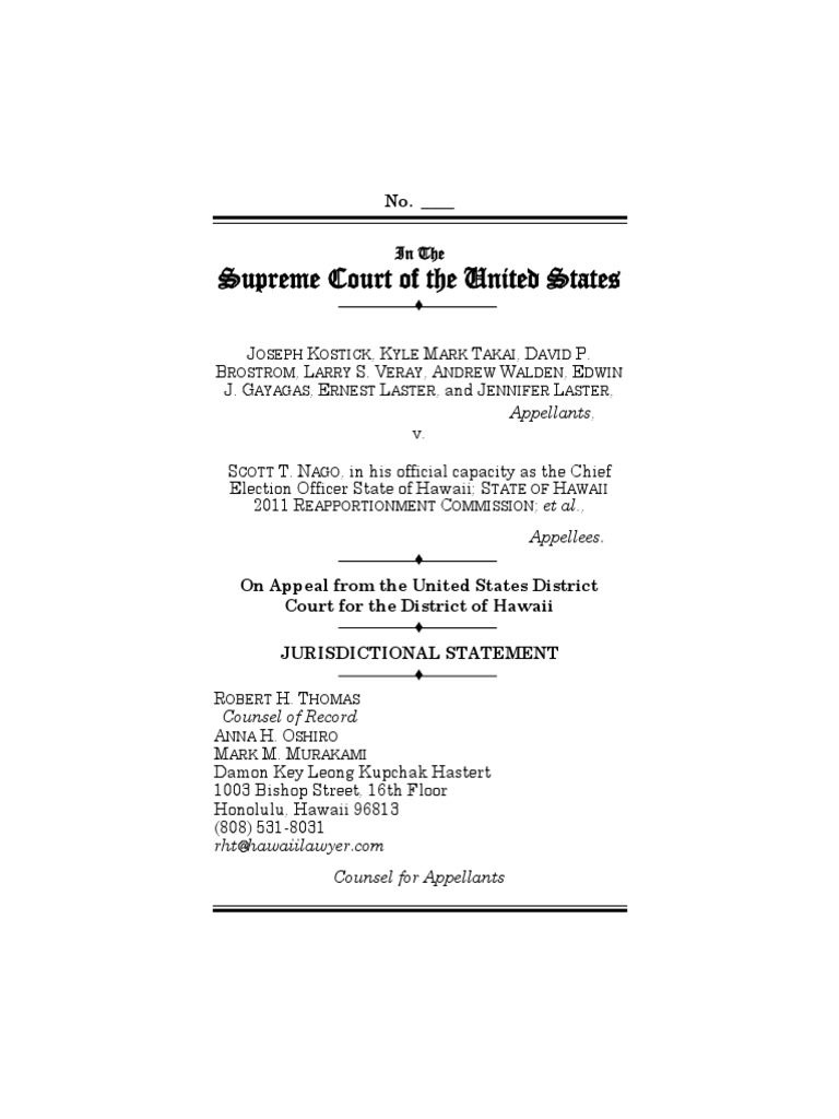 Jurisdictional Statement, Kostick v. Nago, No. - (Filed Oct. 8, 2013 ...