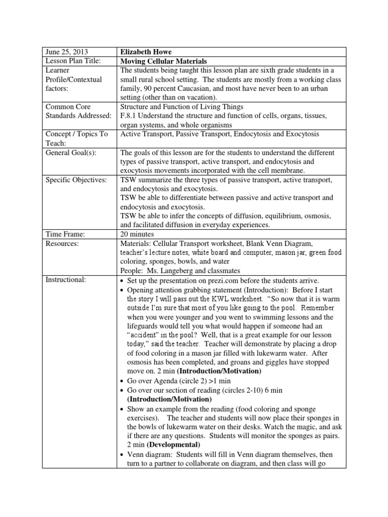 Active Passive Transport Lesson Plan | PDF | Lesson Plan | Educational ...