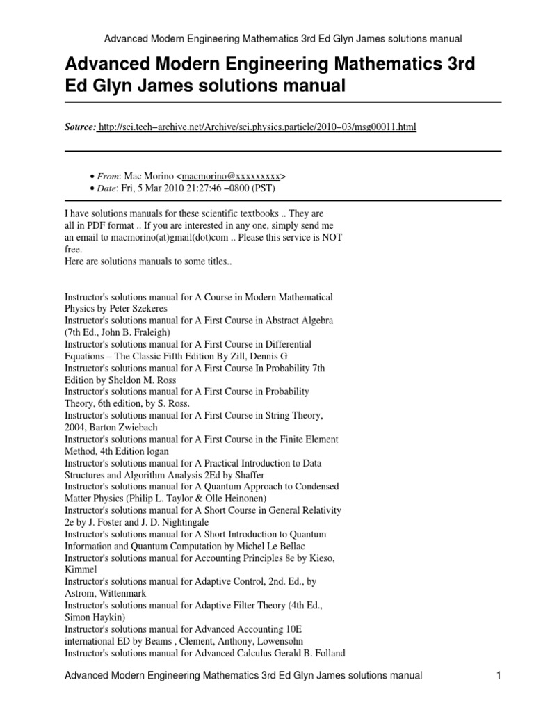 Advanced Modern Engineering Mathematics 3rd Ed Glyn James Solutions ...