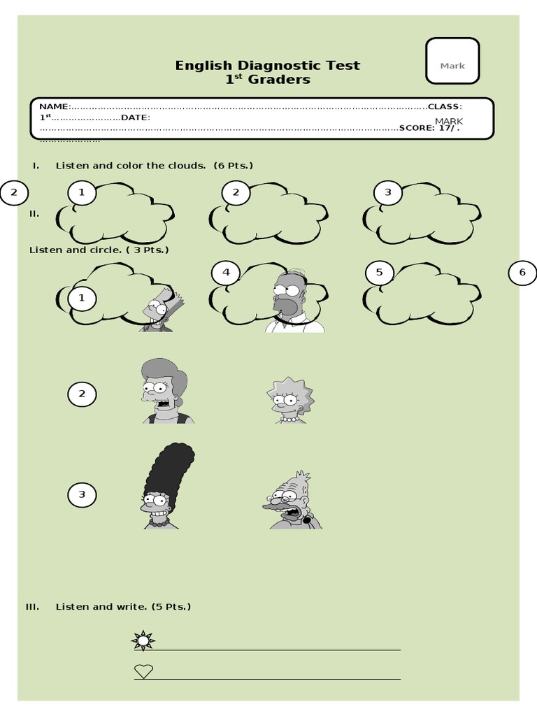 English Diagnostic Test 1 Graders: I. Listen and Color The Clouds. (6 ...