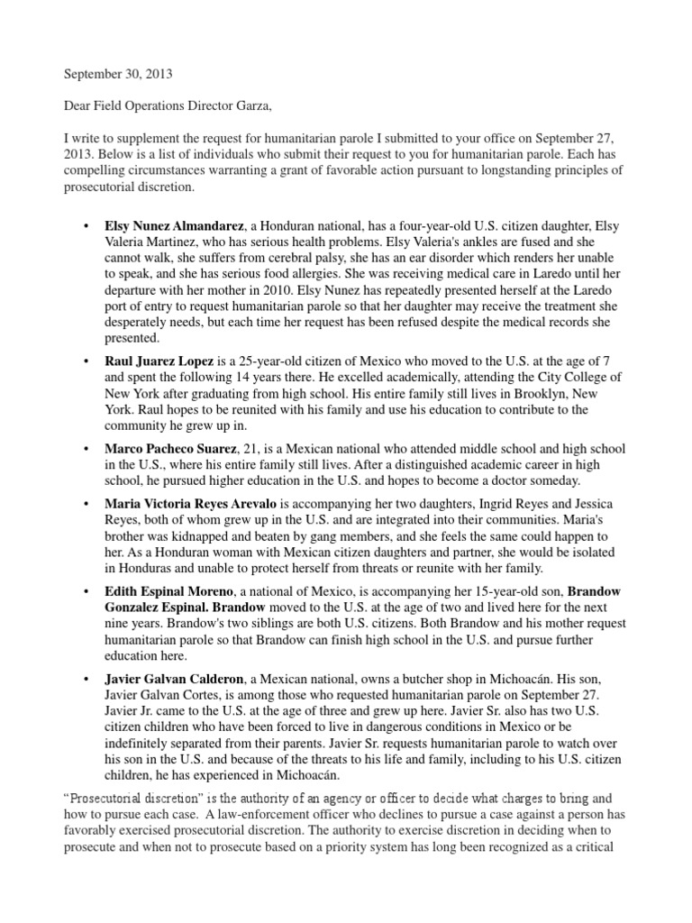 Dream 30 Supplemental Request for Humanitarian Parole | Criminal ...