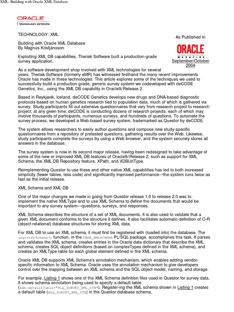 Building With Oracle XML Database | PDF | Xml Schema | Xml