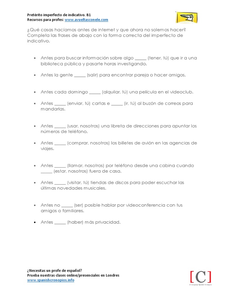 Hoja de Trabajo Imperfecto de Indicativo | PDF