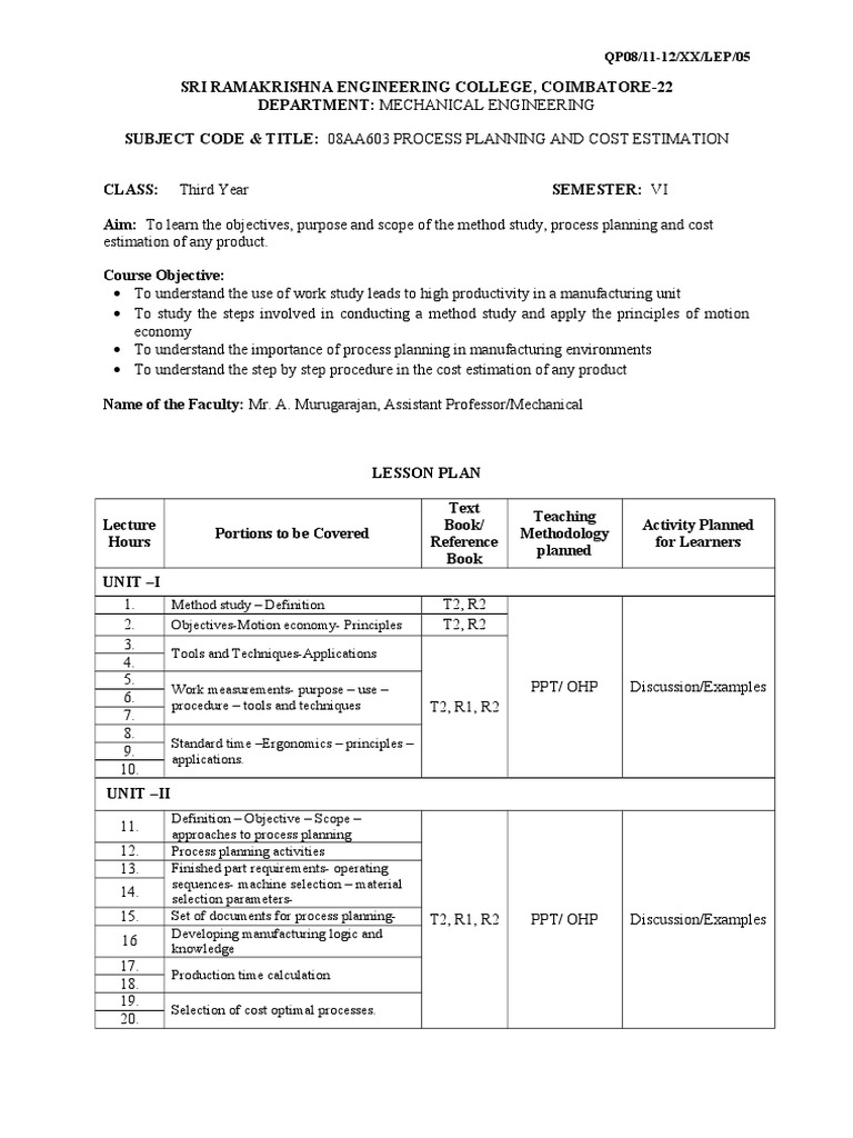 08AA603-Process Planning and Cost Estimation-Lesson Plan | PDF | Lesson ...