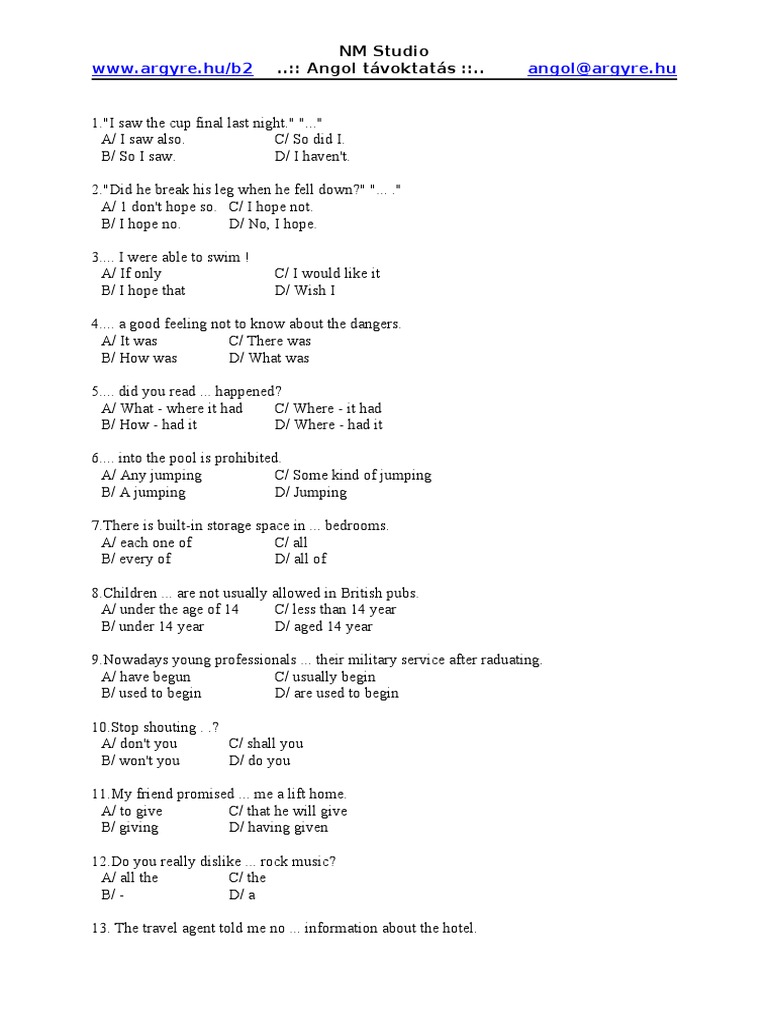 WWW - Argyre.hu/b2 Angol@argyre - Hu: NM Studio ..:: Angol Távoktatás::. | PDF | Leisure