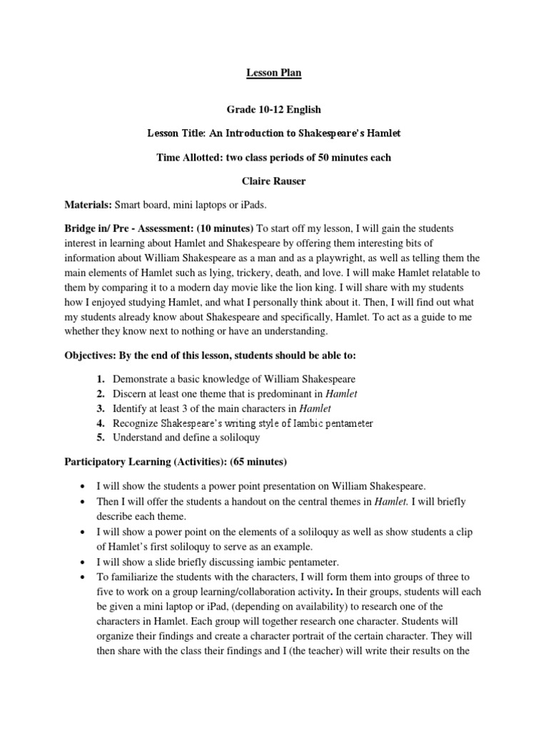 Lesson Plan | PDF | Hamlet | William Shakespeare