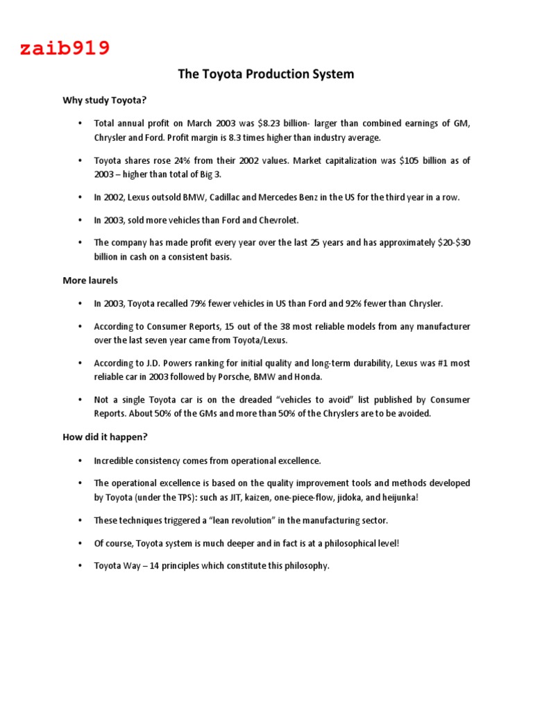 Toyota Production System Overview | PDF | Lean Manufacturing ...