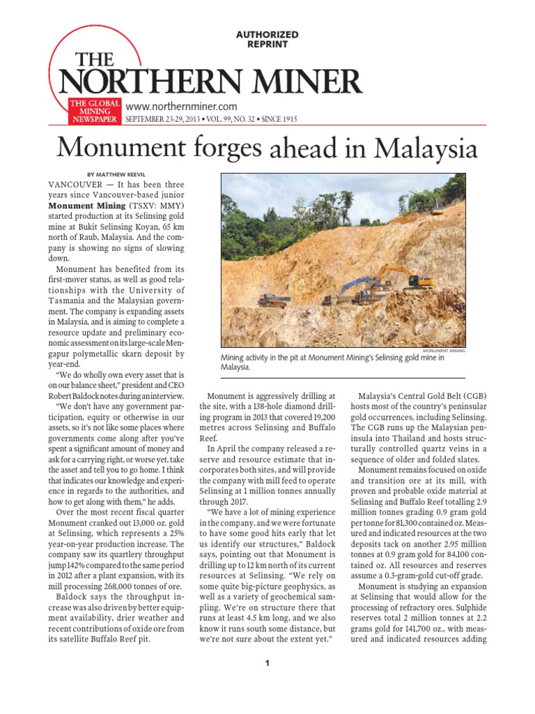 Monument Mining Expands in Malaysia | PDF | Gold | Mining