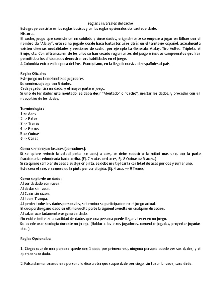 Reglas Universales Del Cacho | PDF | Póker | Ocio