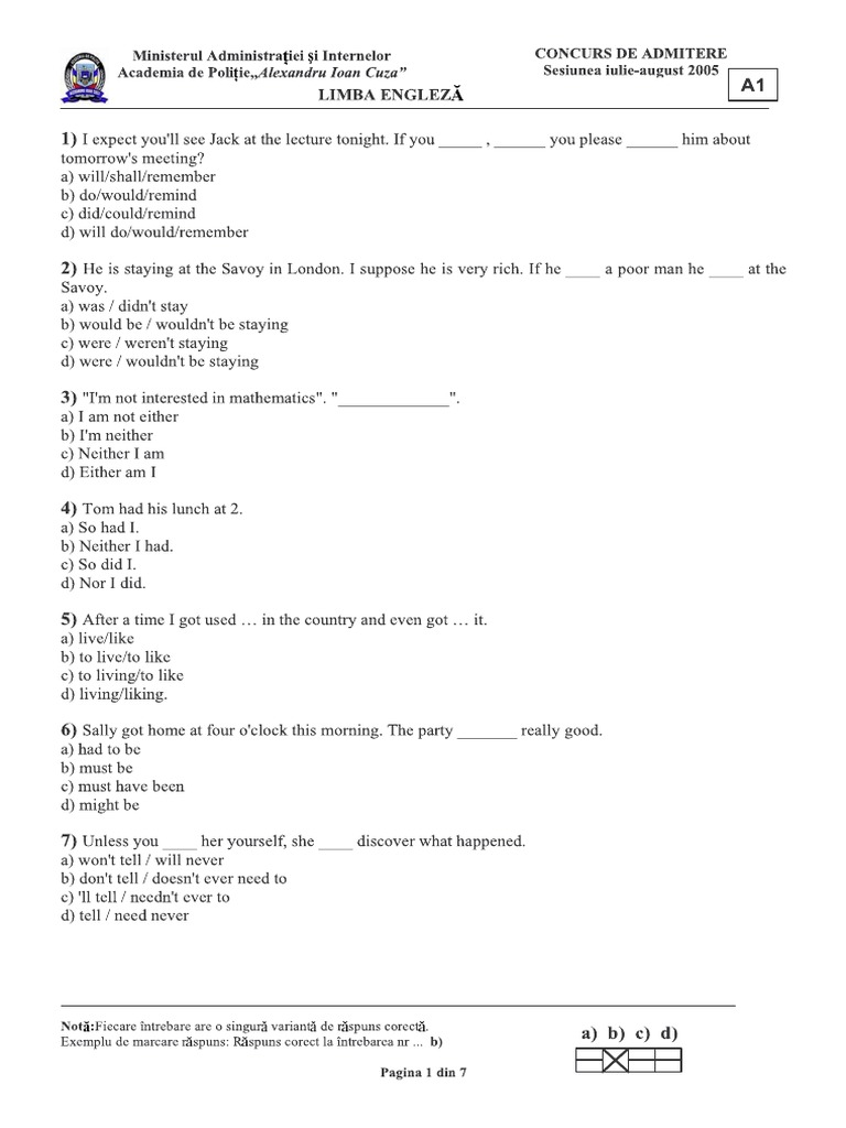 Test Engleza Academia de Politie | PDF