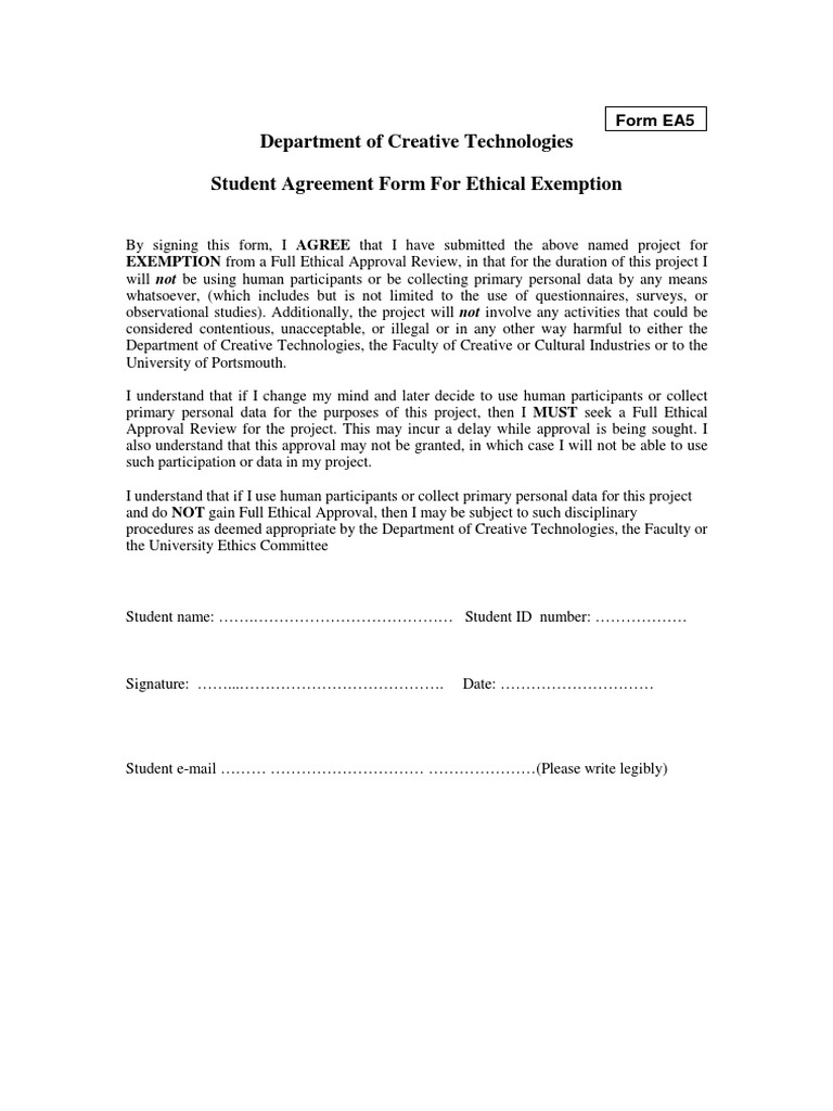 Student Ethical Exemption Agreement Form | PDF