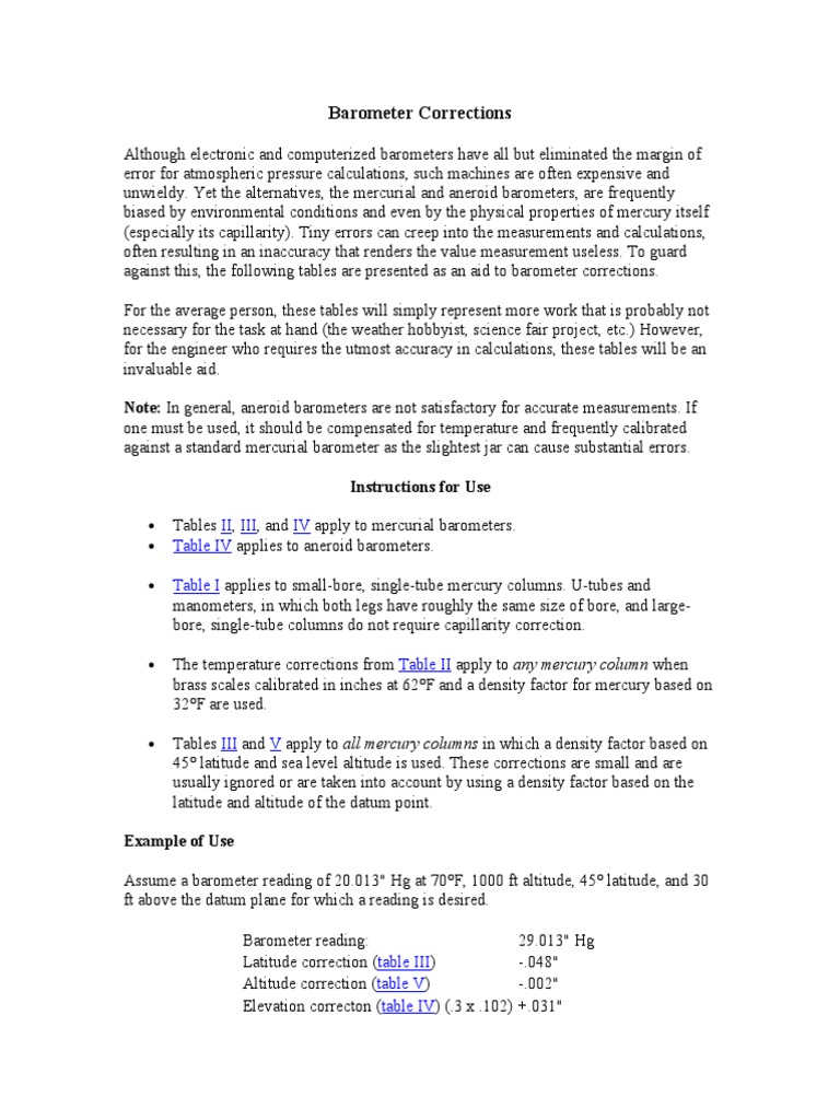 Barometer Correction Tables Guide | PDF | Altitude | Pressure Measurement