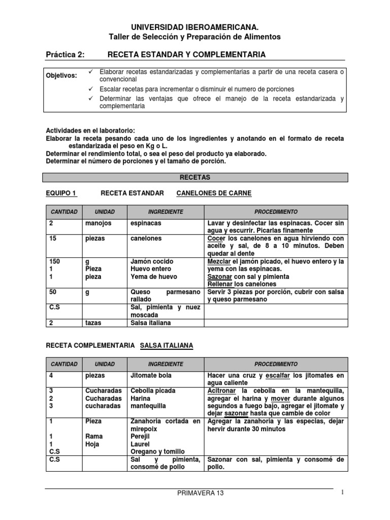 PRACTICA 02 Receta Estandar y Complementaria | PDF | Cocinando | sal