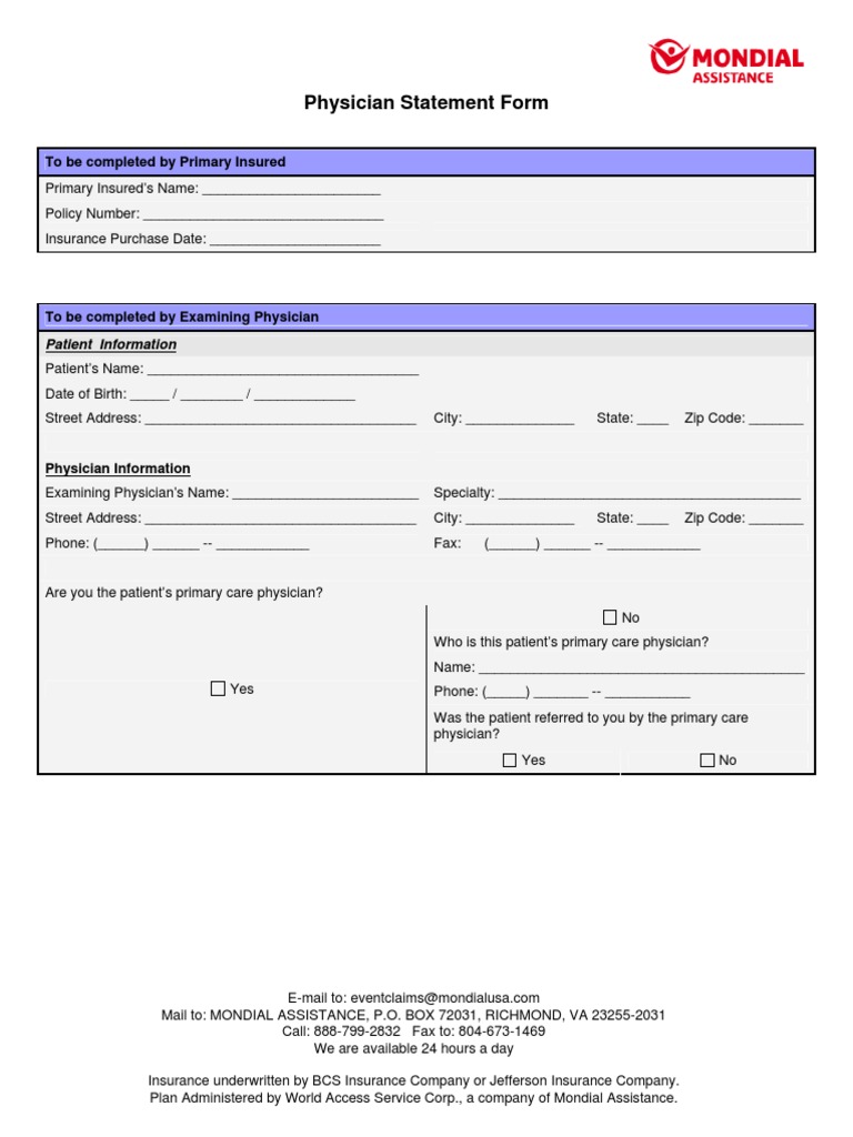 Physician Statement Form ETP | Medical Diagnosis | Patient