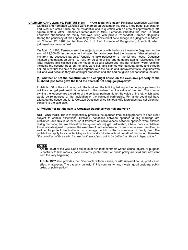 Calimlim-Canullas vs. Fortun (1984) | PDF | Public Policy Doctrine | Marriage