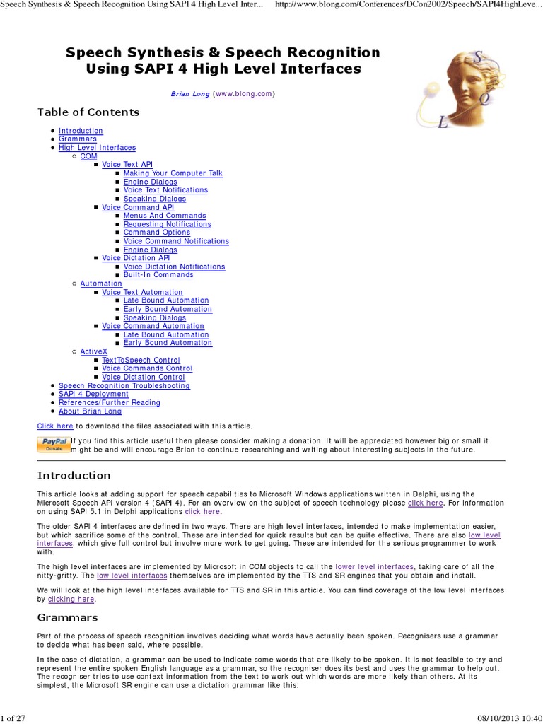 Speech Synthesis And Speech Recognition Using Sapi 4 High Level Interfaces Pdf Component