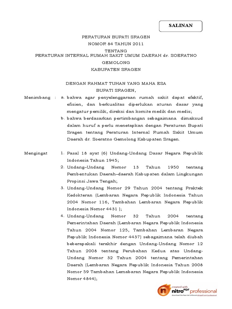 Peraturan Internal RSUD Dr. Soeratno | PDF