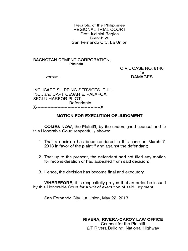 Motion for Writ of Execution in Philippines | PDF | Law | Home & Garden