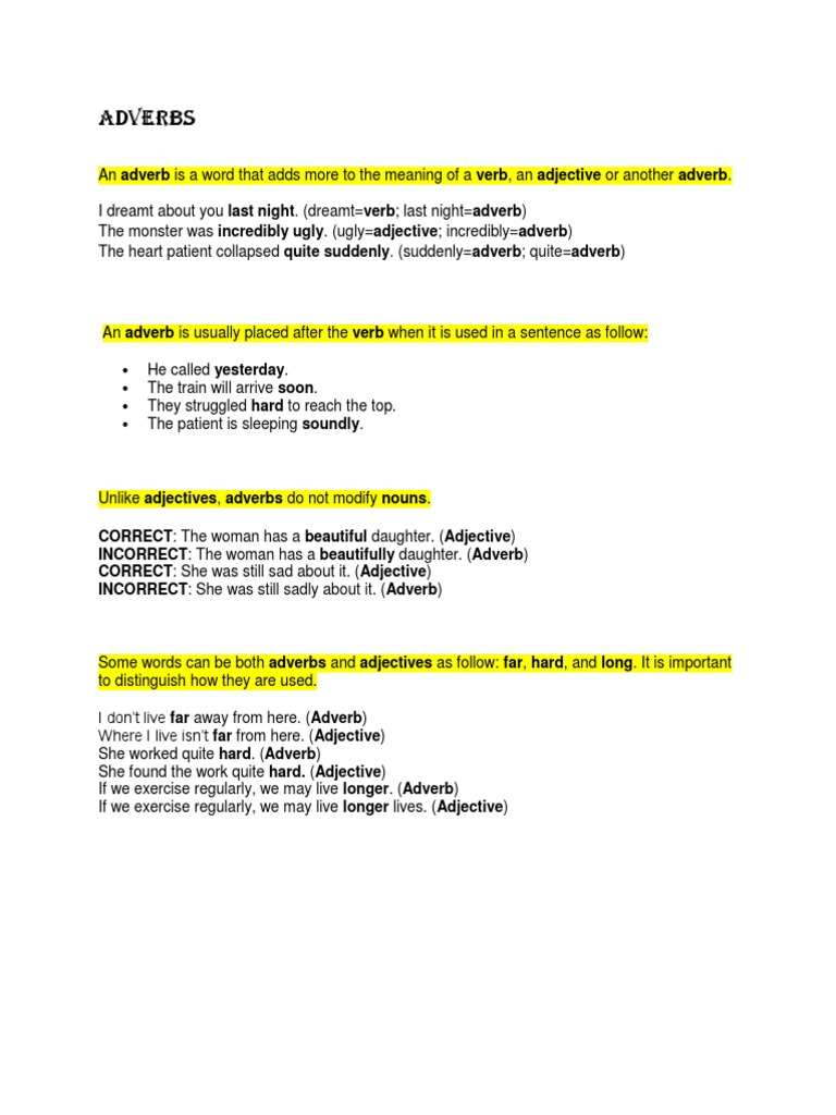 Notes On Adverbs | PDF | Adverb | Adjective