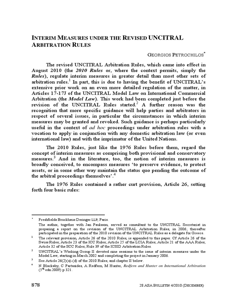 Interim Measures Under The Revised Uncitral Arbitration Rules | PDF | Arbitral Tribunal ...