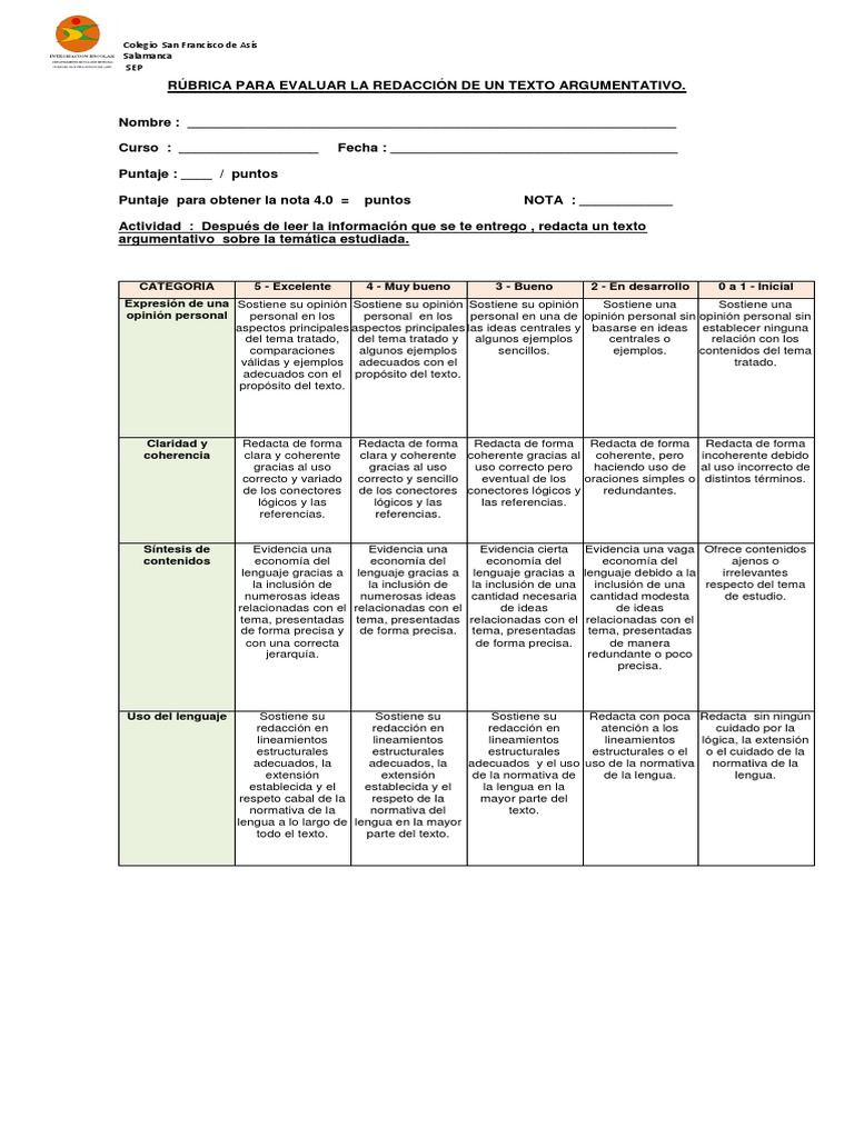 Rúbrica para Evaluar La Redacción de Un Texto Argumentativo | Ballenero ...