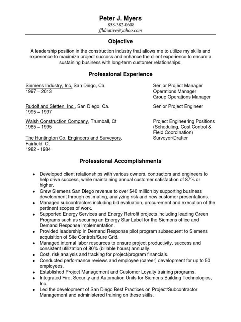 Project Manager Construction MEP in San Diego CA Resume Peter Myers ...