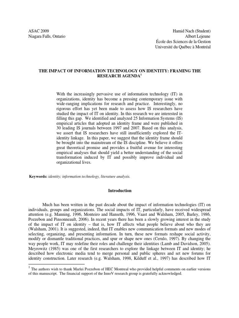 The Impact of Information Technology On Identity: Framing The Research ...