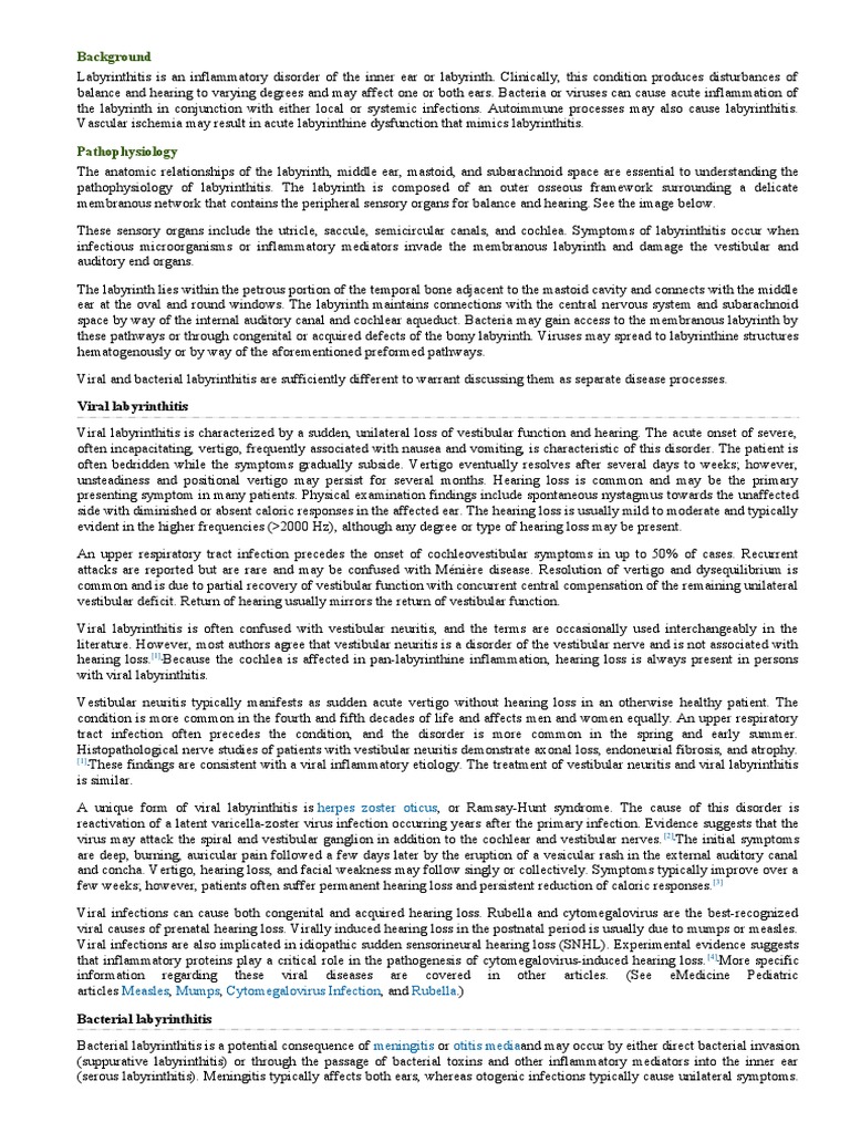 Background: Viral Labyrinthitis | PDF | Vertigo | Ear