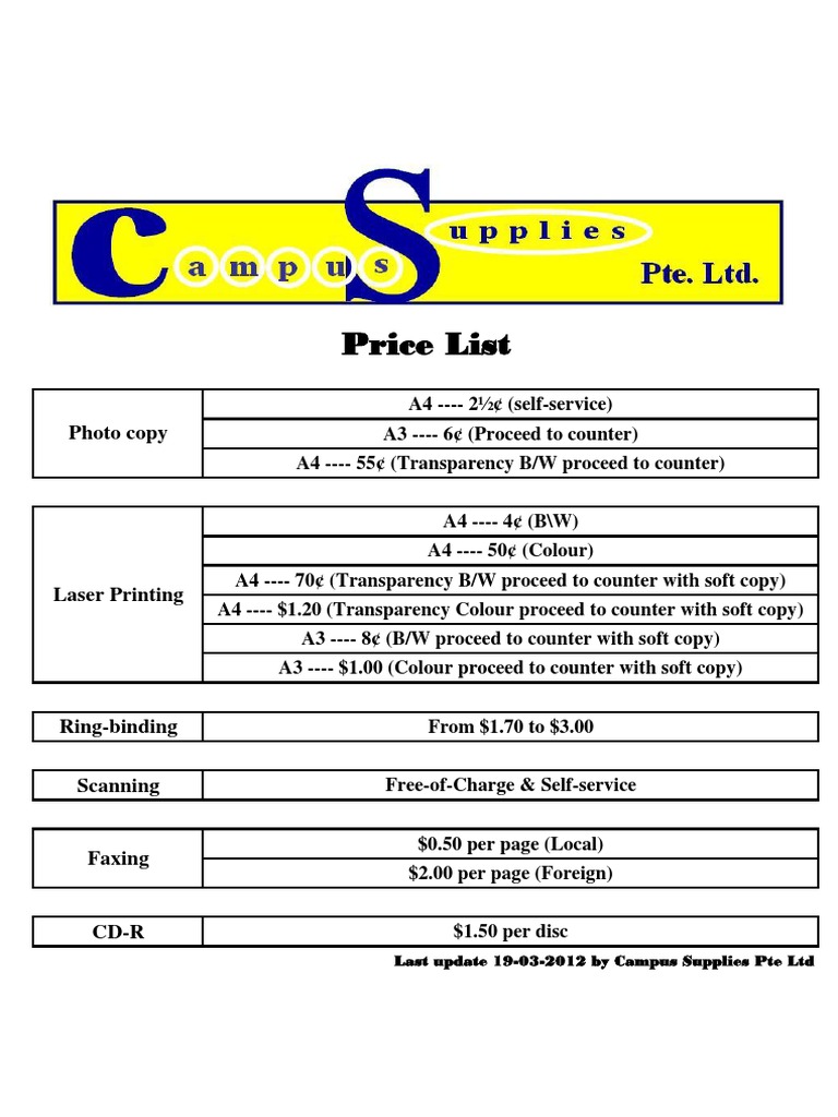 Cheng's Photocopying Rate List | PDF