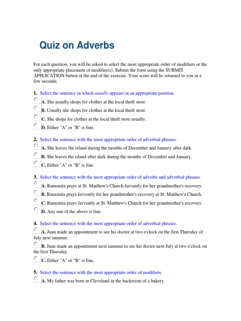 Quiz On Adverbs | PDF | Adverb | Syntax