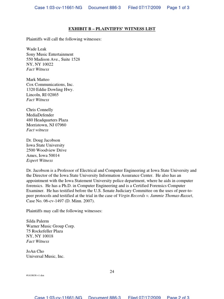 Plaintiffs' Witness List