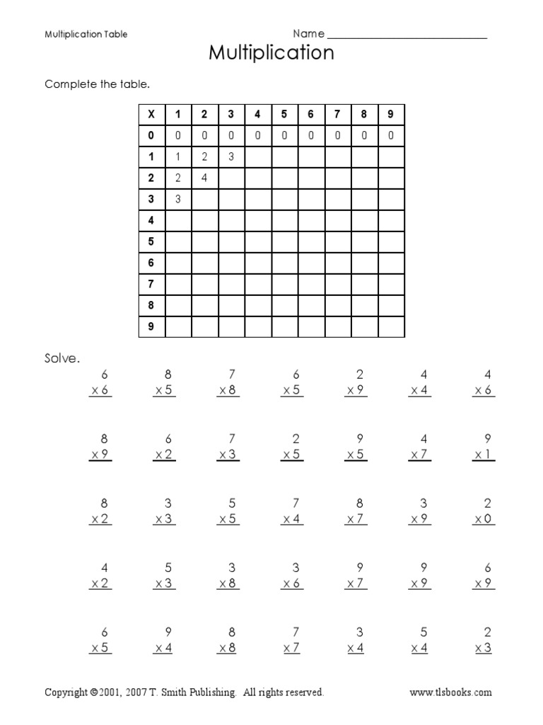 Multiplication: Solve. 6 x6 8 x5 7 x8 6 x5 2 x9 4 x4 4 x6 | PDF