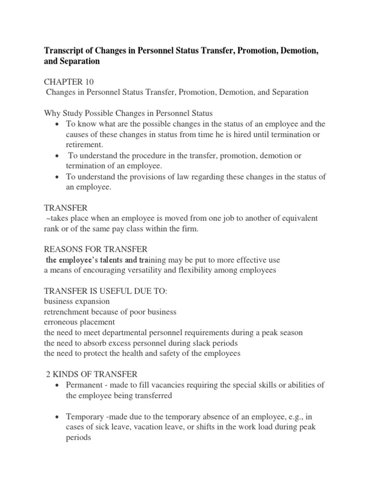 Transcript of Changes in Personnel Status Transfer | PDF | Layoff ...