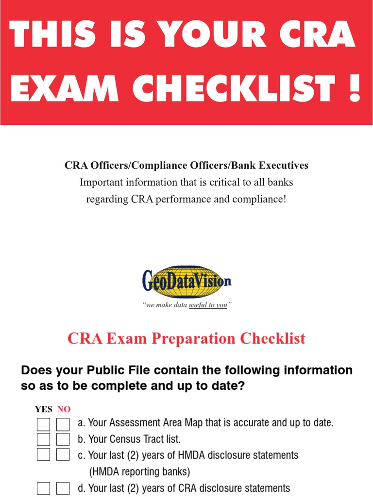 CRA Exam Checklist | PDF | Regulatory Compliance | Loans