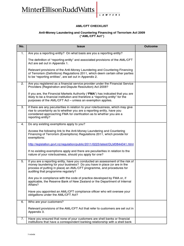 Aml/Cft Checklist Anti-Money Laundering and Countering Financing of ...