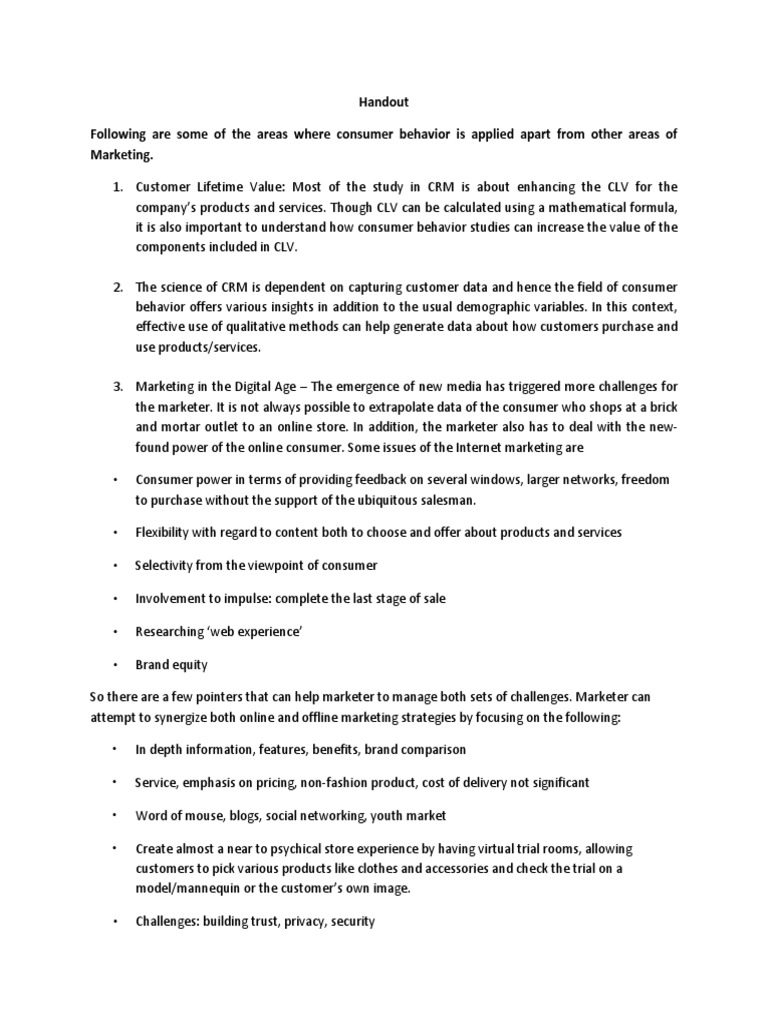 Handout Following Are Some of The Areas Where Consumer Behavior Is ...