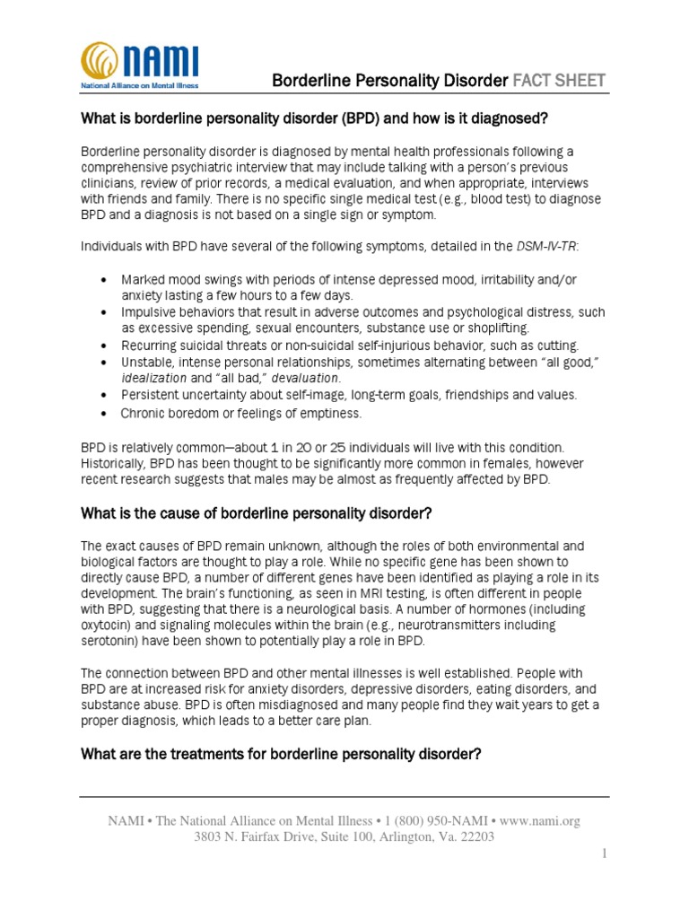 Bpd Factsheet | Borderline Personality Disorder | Dialectical Behavior ...