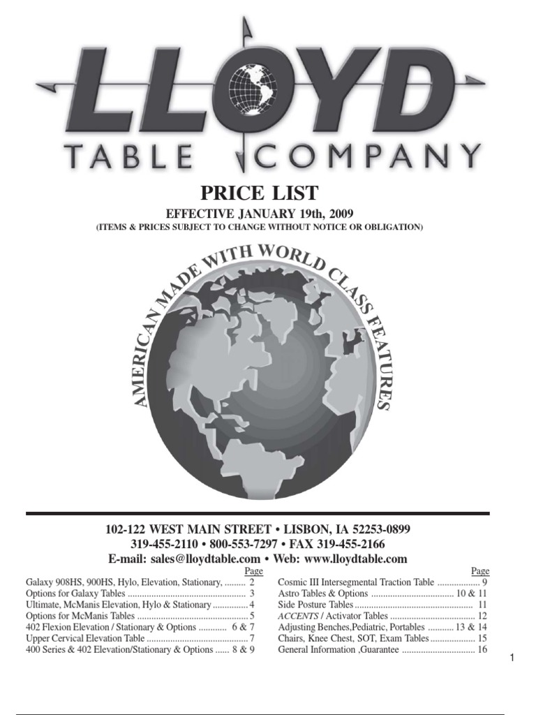 2009 Lloyd Table Price List | PDF | Anatomical Terms Of Motion | Pelvis