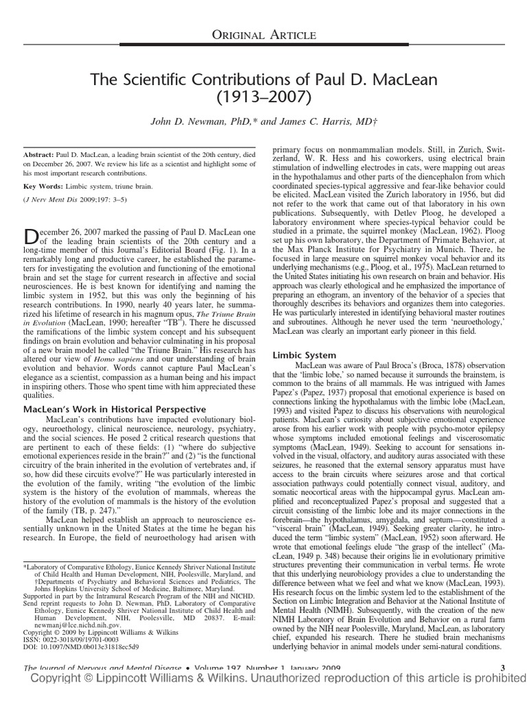 The Scientific Contributions of Paul D. Maclean (1913-2007) : John D ...