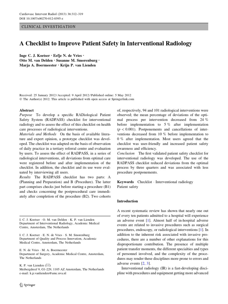 A Checklist To Improve Patient Safety in Interventional Radiology | PDF ...