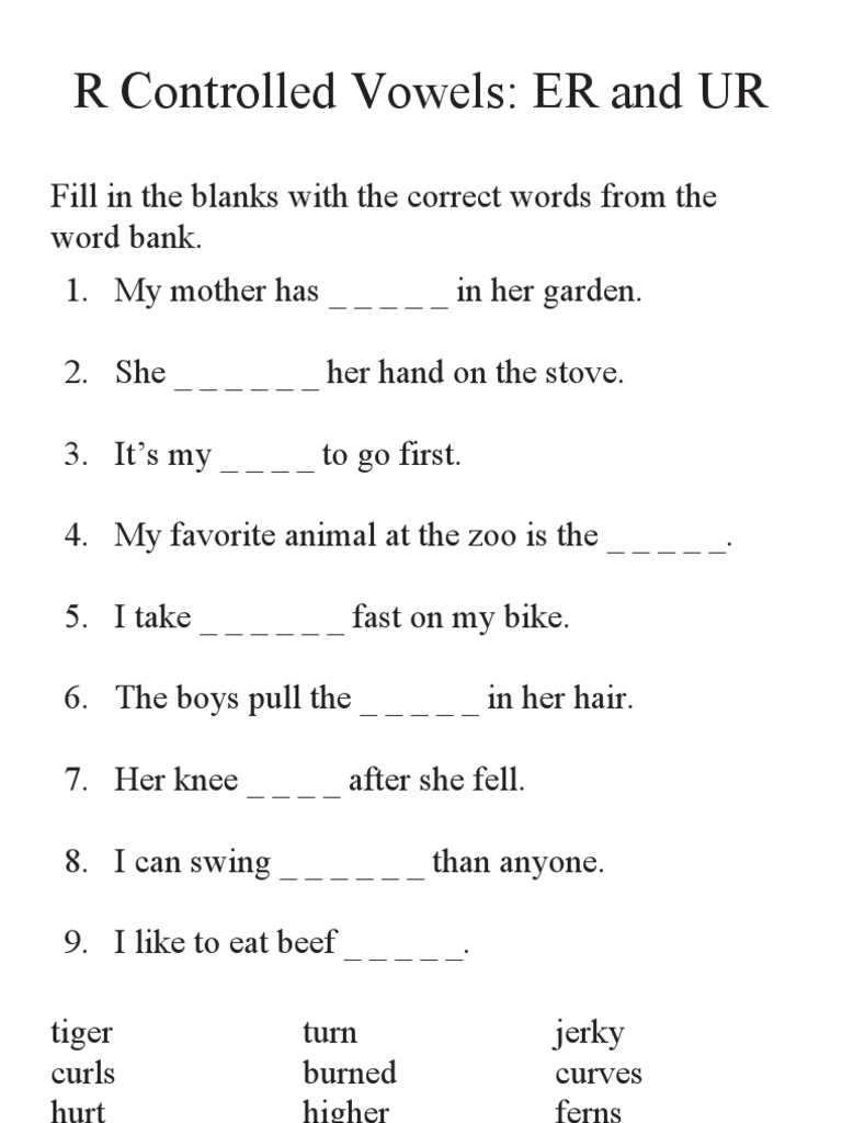 R Controlled Vowels ER and UR | PDF