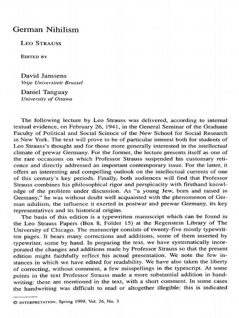 Leo Strauss: German Nihilism (Lecture, 28 Pages) | PDF | Nihilism | Atheism
