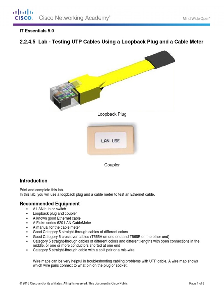 2 2 4 5 Lab - Testing Utp Cables Using A Loopback Plug and A Cable ...