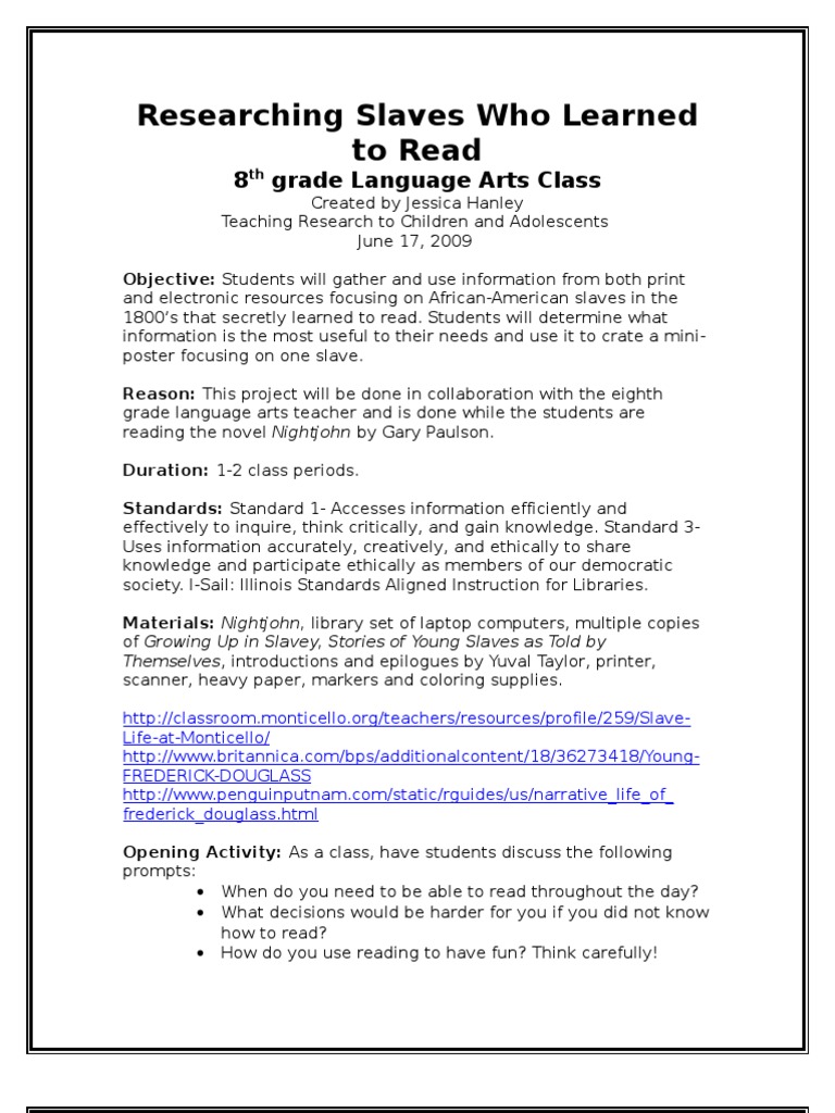 Researching Slaves Who Learned To Read: 8 Grade Language Arts Class ...