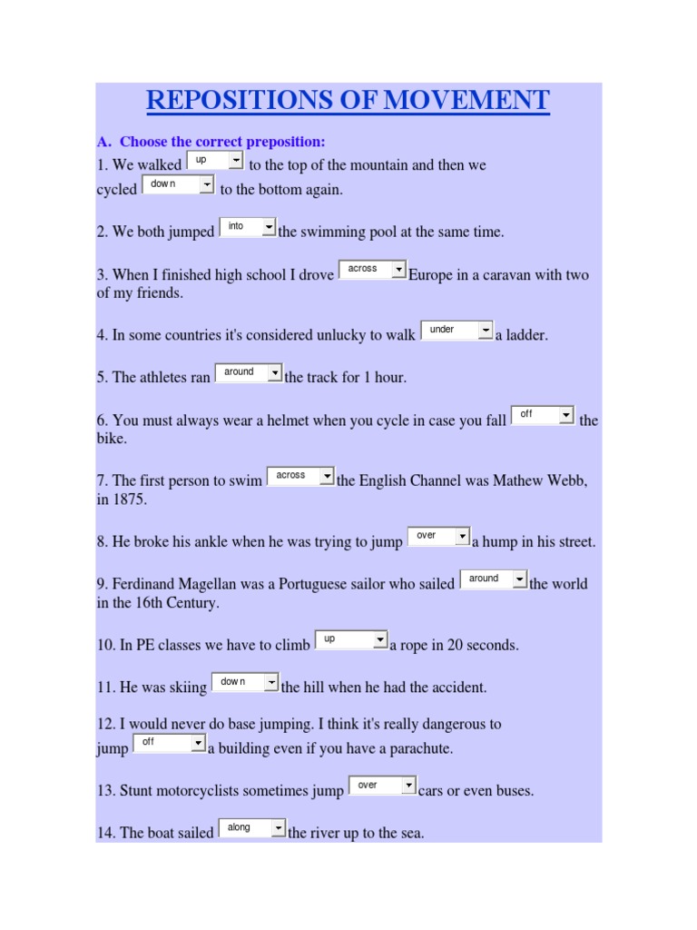 Prepositions of Movement Exercises | PDF | Poetry | General Fiction