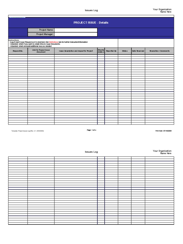 Issue Log Template Excel