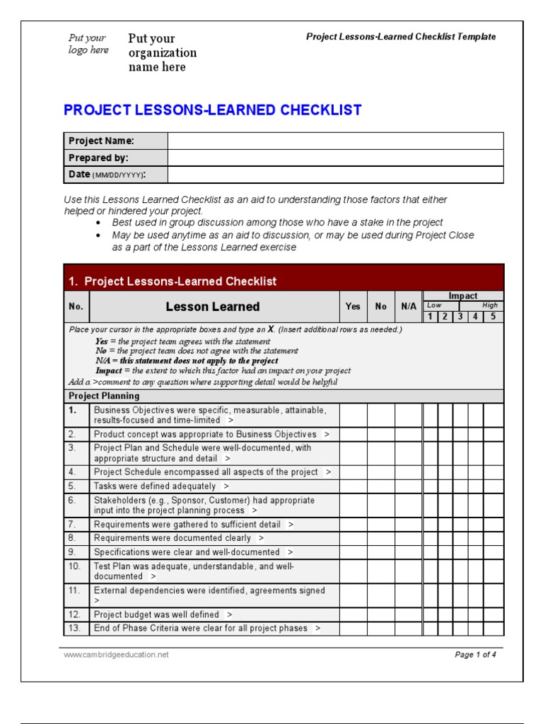 Lessons Learned Checklist Template | Civil Law (Legal System) | Private ...