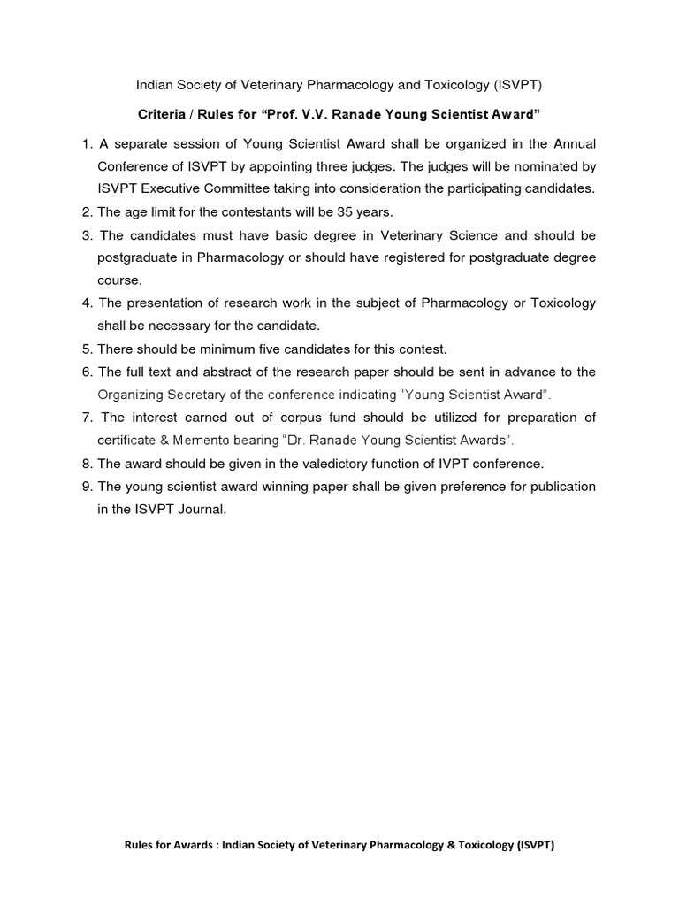 Criteria For Awards ISVPT | PDF | Toxicology | Pharmacology