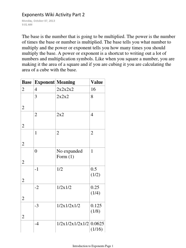Exponents Wiki Activity Part 2 | PDF | Exponentiation | Mathematical ...