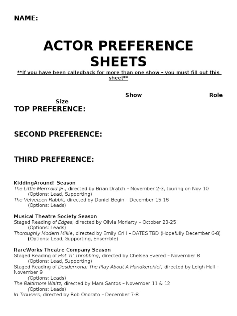Actor Pref Sheets | PDF